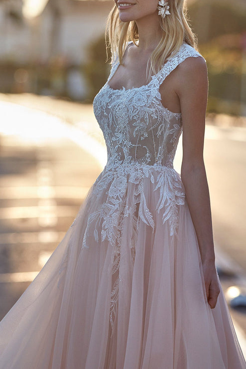 A Line Scoop Lace Appliques Rustic Wedding Dress with Sweep Train QW21 ...