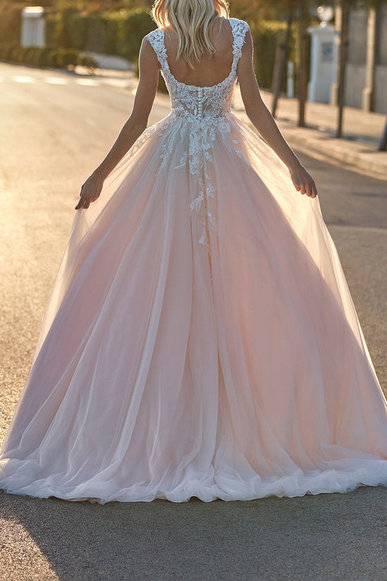 A Line Scoop Lace Appliques Rustic Wedding Dress with Sweep Train QW21 ...