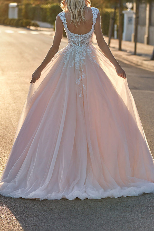 A Line Scoop Lace Appliques Rustic Wedding Dress with Sweep Train QW21 ...